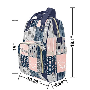 Antlers Elk Deer Feather Arrow Patchwork Blue Diaper Bags with Name Waterproof Mummy Backpack Nappy Nursing Baby Bags Gifts Tote Bag for Women