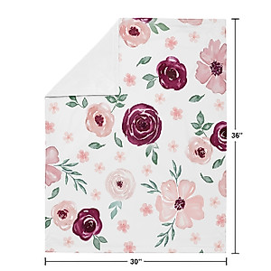 Sweet Jojo Designs Burgundy and Pink Watercolor Floral Baby Girl Blanket Receiving Security Swaddle Newborn Toddler Nursery Soft Minky - Blush Maroon Wine Rose Green White Shabby Chic Flower Farmhouse