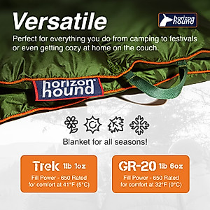 Horizon Hound Down Camping Blanket - Trek, Green Travel Blanket | Sustainable Insulated Down | Lightweight & Warm Quilt for Camping, Stadium, Hiking & Festival | Water Resistant, Packable & Compact
