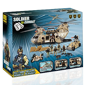 26 PCS Army Men Helicopter Carrier Toys, Military Soldier Action Figures, Combat Truck, Motorcycle, Jumbo Transport Aircraft with Lights & Sound, Weapons Accessories Playset for Kids Boys