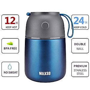 MAXSO Soup Thermo for Hot & Cold Food for Adults Kids, 17 oz Vacuum Insulated Steel Lunch Container Bento Box with Spoon, Leakproof Thermal Food Jar for School Office Travel - Dark Blue