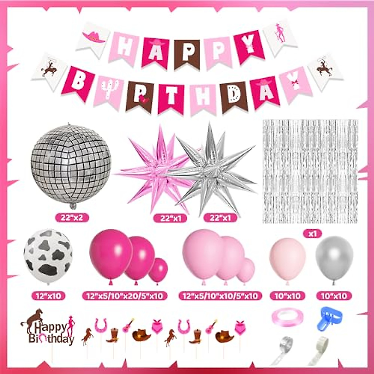 Amandir 113Pcs Western Cowgirl Birthday Party Decorations, Retro Horse Rodeo Party Supplies Backdrop for Girls Hot Pink Silver Balloon Garland Arch Kit Birthday Banner Horse Garland Cake Toppers