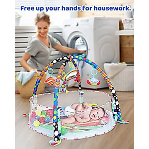 Siairo Jumbo Baby Activity Gym Folding Baby Play Gym Play Mat with Ball Pit & Hanging Mobiles, Surrounding Mesh for Newborn, Infant, Babies, Toddlers