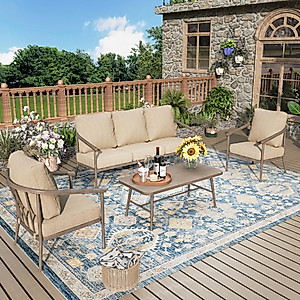 MIXPATIO Patio Furniture Set, 2 x Windsor Seating Chair, 3-Seat Sofa with Wood Grain Coffee Table, Outdoor Sofa Conversation Set for Porch, Backyard, Living Room, Garden