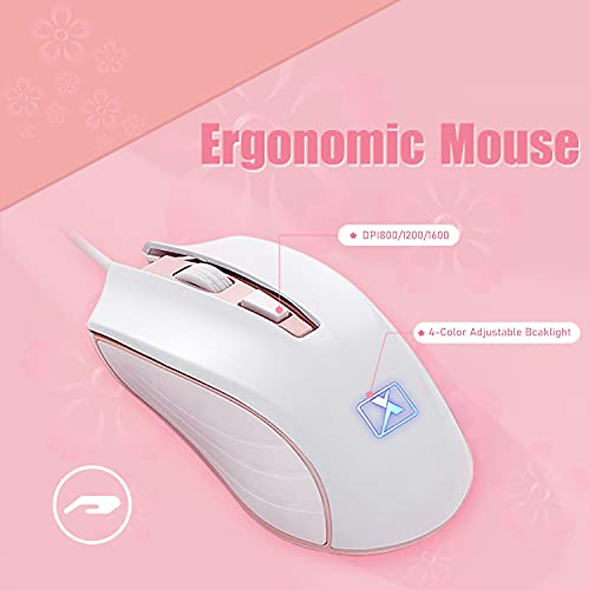 LexonElec Wired USB Keyboard Mouse Combo Gamer N518 104 Keys White LED Backlit Punk Keycap Ergonomic Pro Gaming Keypad + 1600DPI 4 Buttons Optical Game Mice for Laptop PC (Pink & White Light)