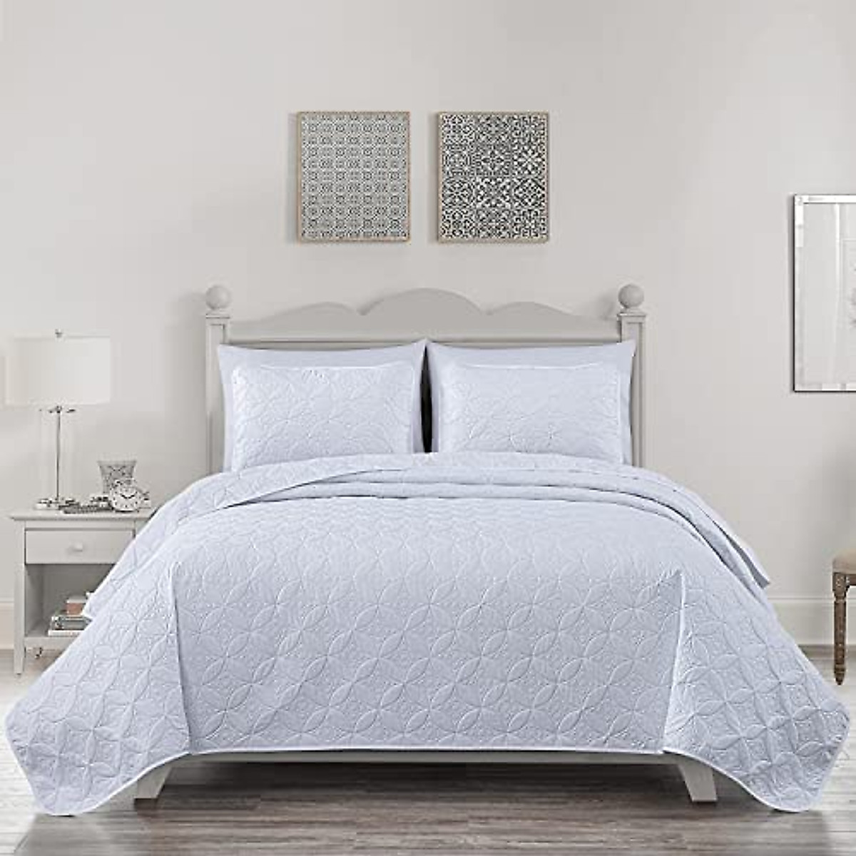 Chezmoi Collection Florenz 3-Piece King Size Quilt Set White - Soft Summer Lightweight Oversized King Bedspread 118 x 106, Medallion Pattern Coverlet for All Season