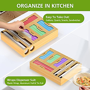 Lawmoliw Bag Storage Organizer for Kitchen Drawer, 6 in 1 Foil and Plastic Wrap Dispenser with Cutter, Bamboo Plastic Bag Food Baggie Organizer for Gallon, Quart, Sandwich, Snack