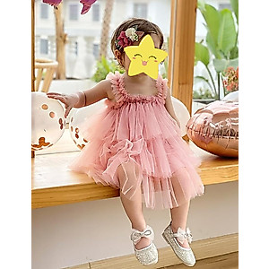 AGQT Baby Girls Tulle Tutu Dress Toddlers Tulle Layered Lace Dresses Sleeveless Princess Party Dress Summer Ruffles Sundress with Flower Headband Pink Size 12-18 Months