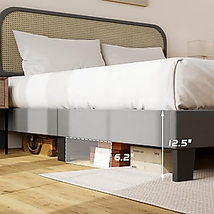 Lifezone Queen Bed Frame with Adjustable Rattan Headboard, Queen Size Bed Frame with Wood Slats Support, Safe Rounded Corner Design, Linen Fabric, High Feet, No Box Spring Needed, Light Grey