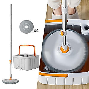 ＫＬＫＣＭＳ Rotatable Round Flat Floor Mop Bucket Set Rotating Mop Durable Telescopic Mop Handle Extends from 102cm to 128cm for Hardwood Professional, with 4 Pads