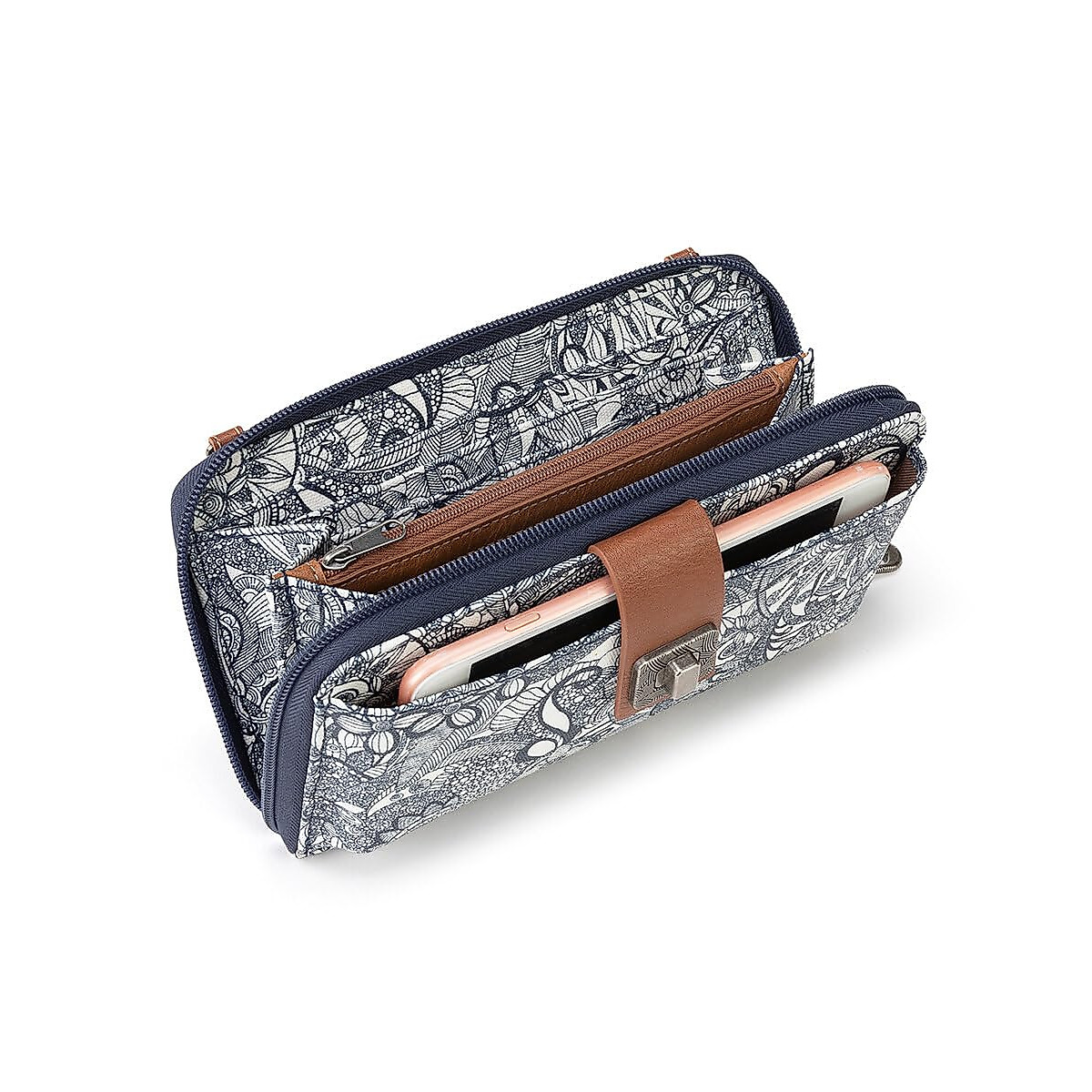 Sakroots Artist Circle Smartphone Crossbody in Coated Canvas, Detachable Wristlet Strap, Navy Spirit Desert II