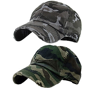 Funky Junque Distressed Baseball Cap Bundle: Camo Black & Camo Green