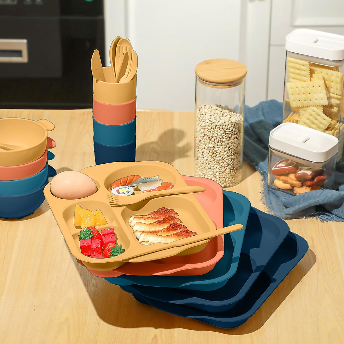 Honoson 24 Pcs Wheat Straw Dinnerware Cutlery Set Including Divided Plates Microwave Dishwasher Safe Bowl Unbreakable Tableware Straw Cutlery Spoon Knife Fork Cup(Bright Color)