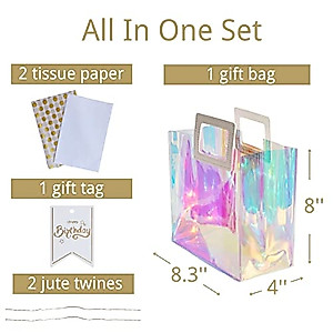 VUOJUR 8.3'' Holographic Reusable Small Gift Bag with Tissue Paper and Happy Birthday Gift Tag for Women Girls Mother Birthday Bag