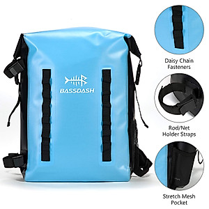 BASSDASH Waterproof TPU Backpack 24L Roll-Top Dry Bag with Rod Holder for Fishing, Hiking, Camping, Kayaking, Rafting