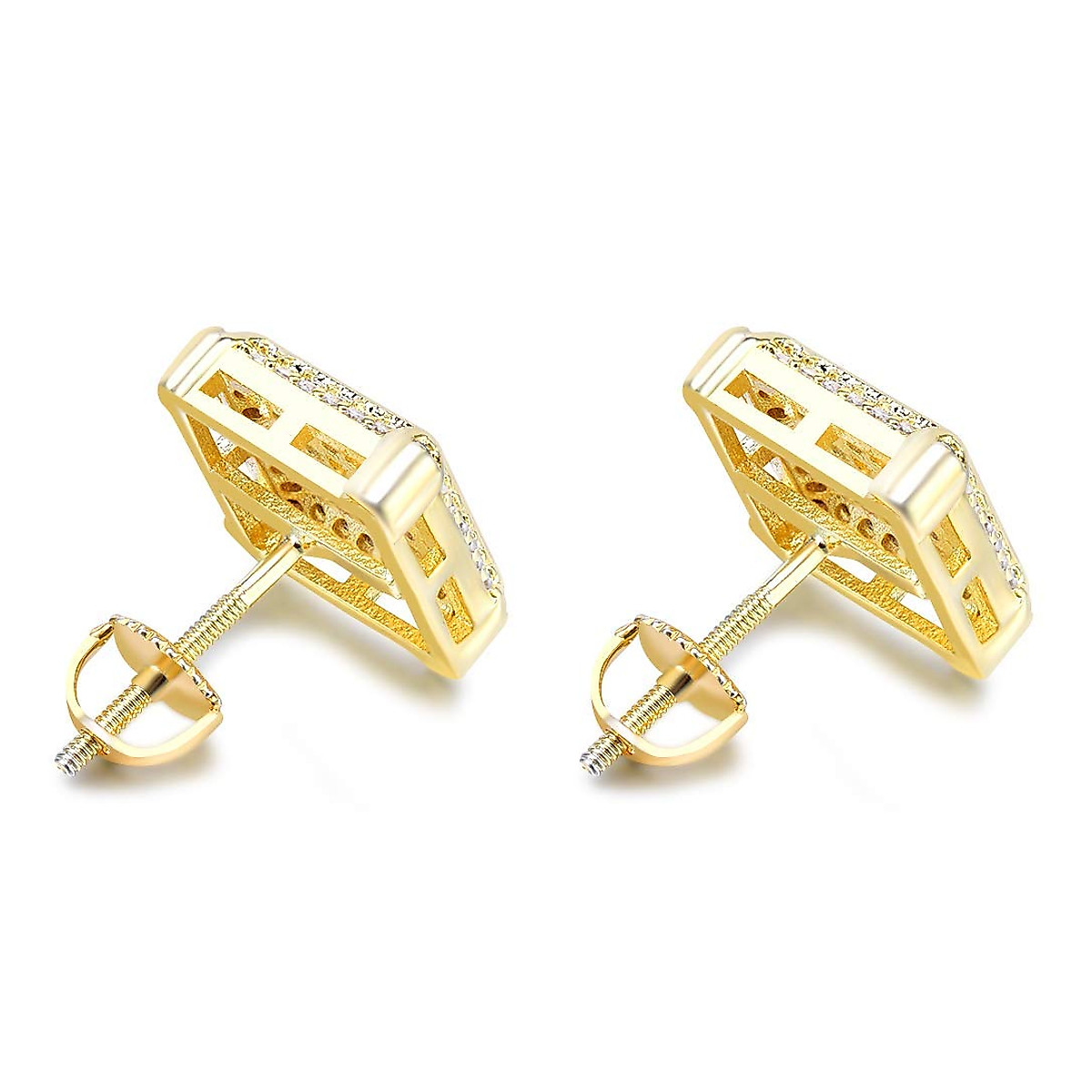 18K Gold Plated 925 Sterling Silver Iced Out Cubic Zirconia Screw Back Square Stud Earring For Men and Women Hypoallergenic Earring TwoTone Micropave Hip Hop Jewelry-Gold