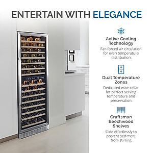NewAir 24" Wine Cooler Refrigerator, Large 160 Bottle Built-in or Freestanding Dual Zone Wine Cellar in Stainless Steel with Precision Thermostat, and Full Extension Beechwood Shelves