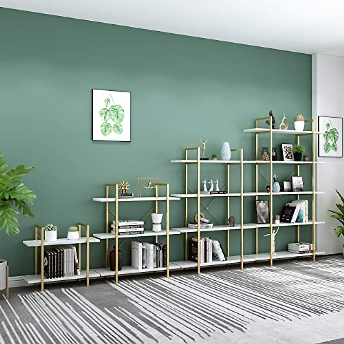 IOTXY 4-Tier Open Shelf Bookcase - Modern Freestanding Wooden Display Stand Unit with Metal Frame for Home and Office, Bookshelf, Gold White