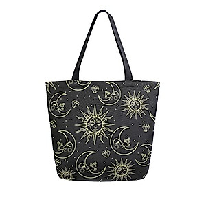 ALAZA Witchy Sun Moon Stars Large Canvas Tote Bag Shopping Shoulder Handbag with Small Zippered Pocket