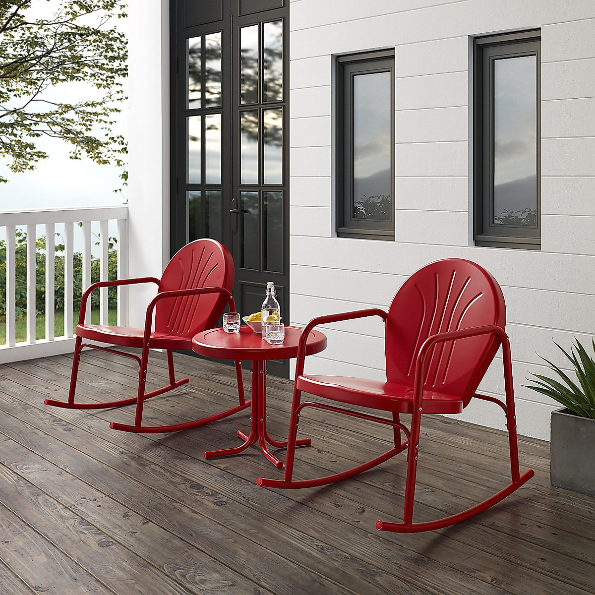 Crosley Furniture Griffith 3-Piece Outdoor Rocking Chair and Side Table Set, Retro Metal Bistro Patio Sets, Bright Red Gloss