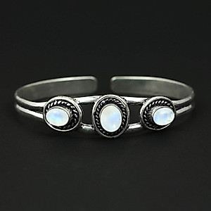 4.40 Cts Moonstone Bangle For Women Silver Overlay Handmade Vintage Boho Style Jewelry Mother's Day Gifts For Mom Wife
