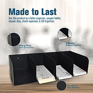 STEELMASTER by BankSupplies Steel Document Organizer | 4-Pockets | Black | Powder Coated Crinkle Finish | Scratch & Chip-Resistant | Check Separator, Deposit Slips, Letter Organizer, Money & Bills