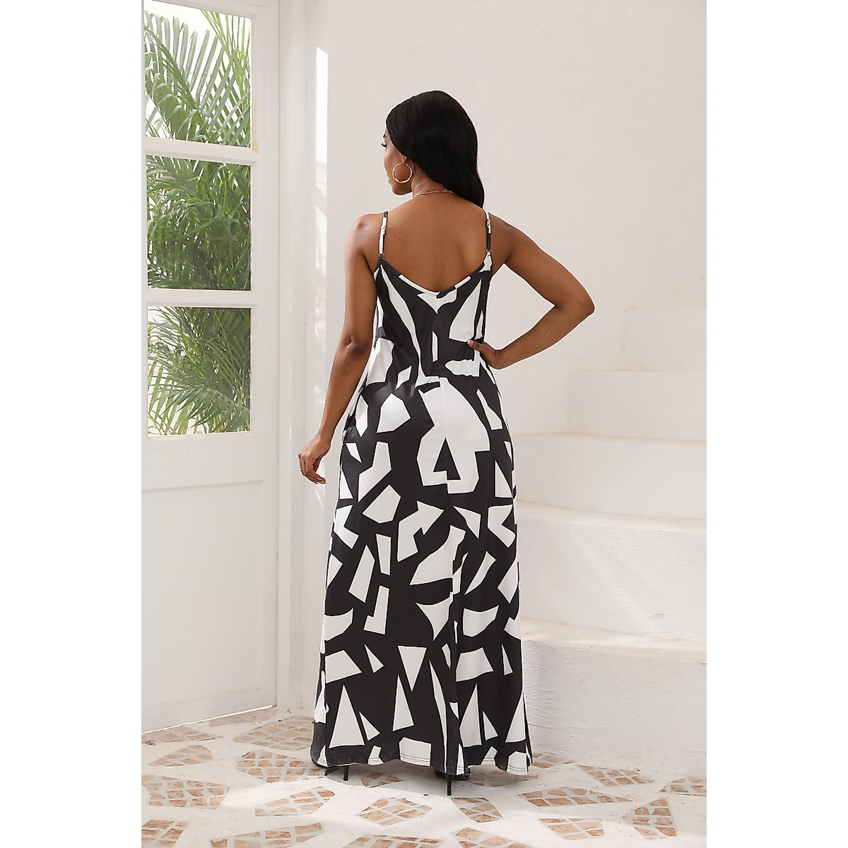 vunahzma Women's Long Dresses Sexy Floor Length V-Neck Adjustable Spaghetti Strap Sleeveless Colorful Sundresses Plus Size with Pockets in The Summer(Blackwhite XL)