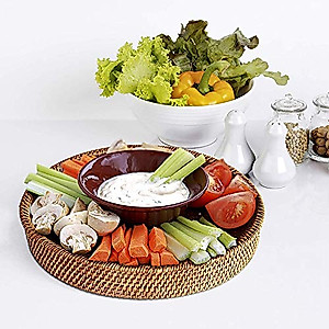 Hot Rattan Tray with Handle Hand-Woven Multi-Purpose Wicker Tray with Durable Rattan Fiber Round 14.2Inch Diameter