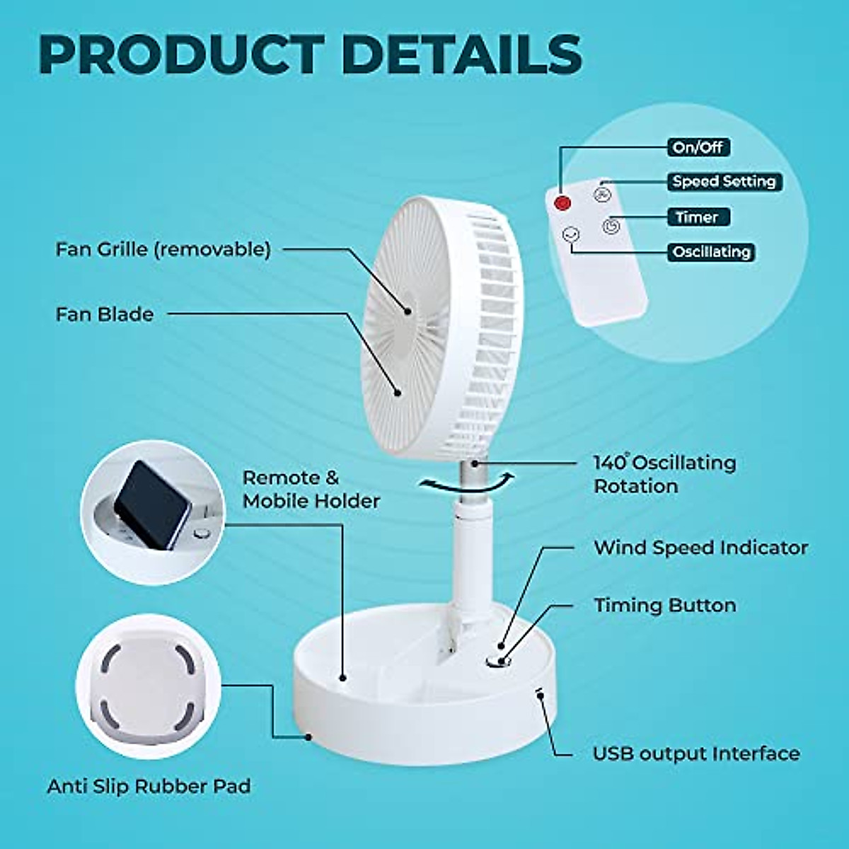 Foldable Swing Retractable Table Fan / Floor Fan with Remote Control Portable Battery Powered Fan for Home Office Outdoor Boating Camping Travel