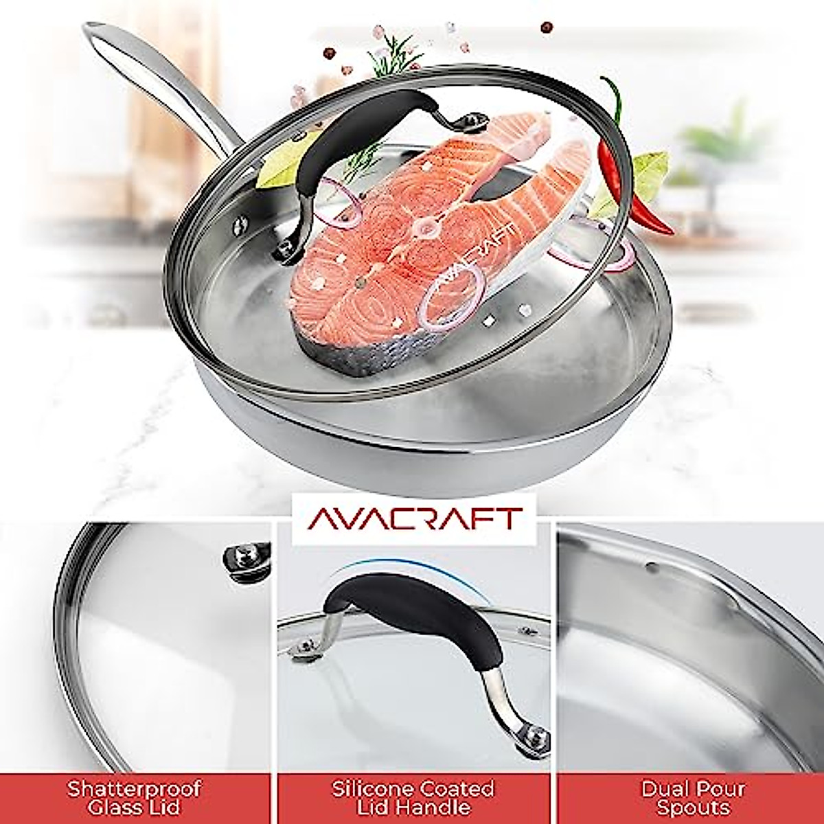 AVACRAFT 10 Inch Tri-Ply Stainless Steel Frying Pan with Lid, Side Spouts, Induction Pan, Versatile Stainless Steel Skillet, Fry Pan in our Pots and Pans (Tri-Ply Stainless steel,10 Inch)