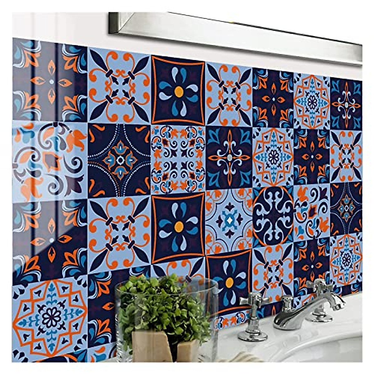 Tile Stickers Pattern Orange Blue Stick on Tiles Bathroom PVC Self Adhesive Wall Tiles Kitchen Stick on Wall Tiles Waterproof Peel and Stick Floor Tiles Self Adhesive Tiles for Walls
