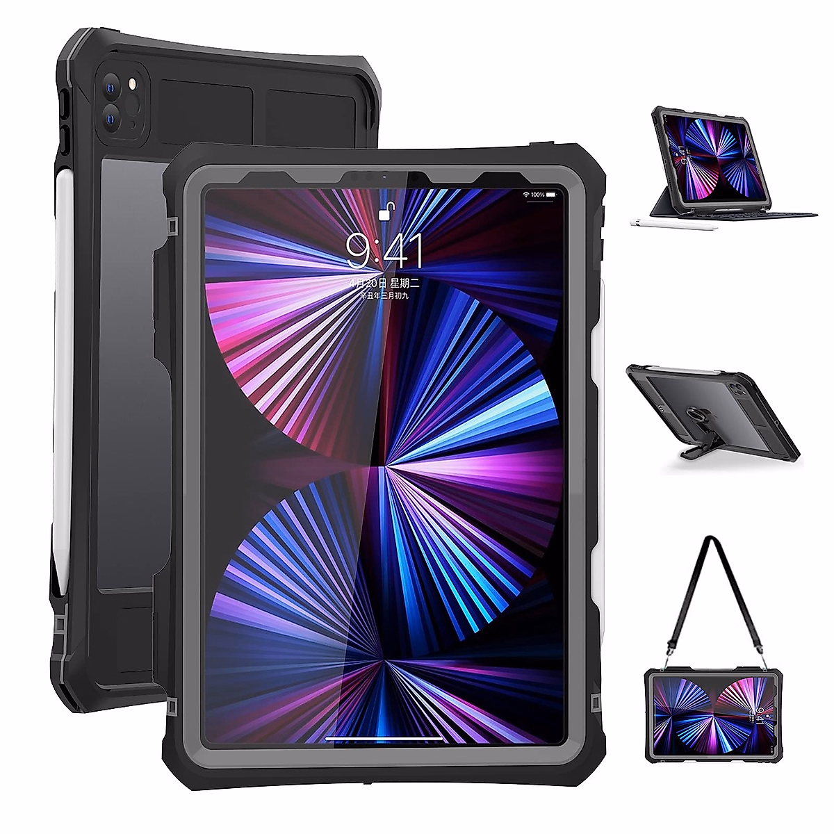 ShellBox Case New iPad Pro 11 inch 2022&2021&2020 Waterproof Case, Full-Body Heavy Duty Shockproof Protective Cover with Kickstand Built-in Screen Protector Pencil Holder Shoulder Strap