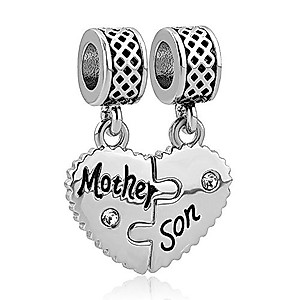 LilyJewelry Heart Love Mom Mother Son Charm Puzzle Dangle Beads For Snake Chain Bracelet
