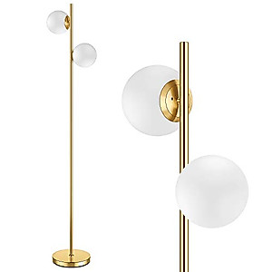 Mid Century Modern 2 Frosted Glass Globe Floor Lamp for Living Room,Contemporary LED Standing Light, Gold Corner Pole Lamp for Office Bedroom, Study Room, Hotel, Antique Brass Standing Lighting