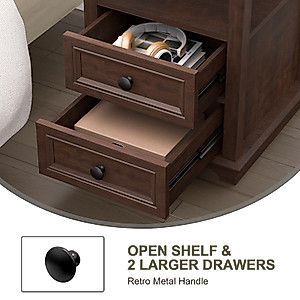REDAYFUR 24" Tall End Table with Charging Station, Double 18W Fast Charge End Table, Large 18” Bedside Table with Drawers,Rustic Wood Storage Cabinet with Open Shelf for Bedroom,Cherry