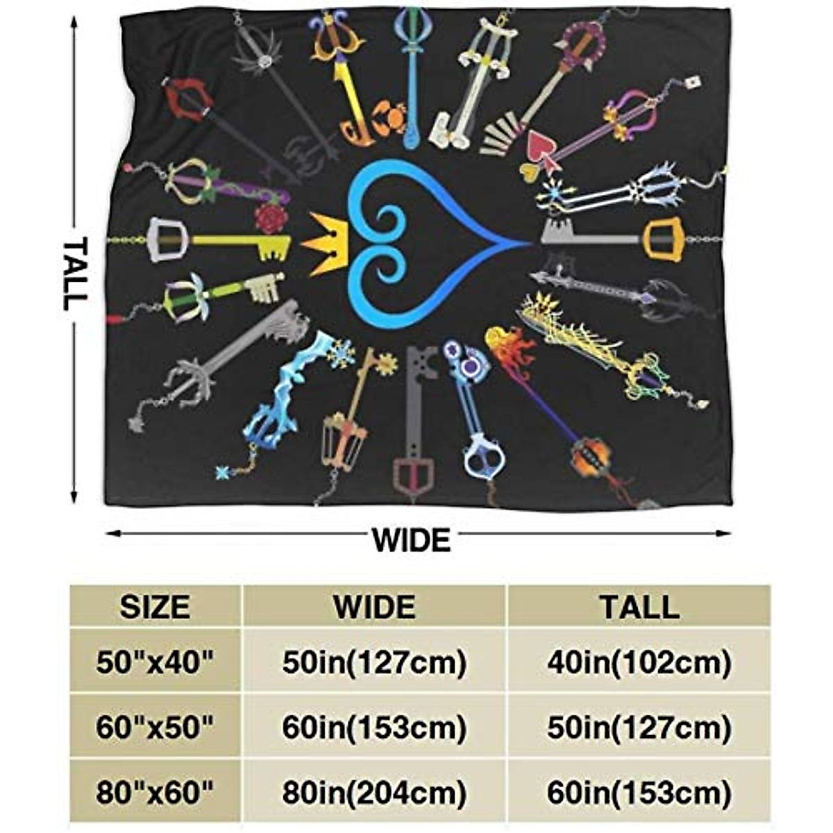 DWgatan Blankets,Thoughtful Uplifting Healing Gift Reversible Fleece Sherpa Comfort Caring Blanket Throw ，Kingdom Hearts Keyblades Ultra-Soft Fleece Flannel Velvet Plush Throw Blanket-80 x60