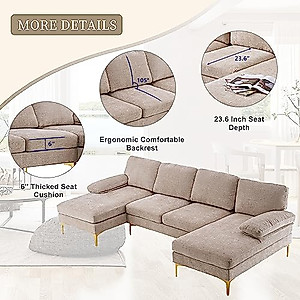 VERYKE U Shape Sectional Sofa Couch,Modern 110'' Chenille Fabric Sectional Couch Sofa, Upholstered Sofa Bed with Golden Metal Legs for Living Room