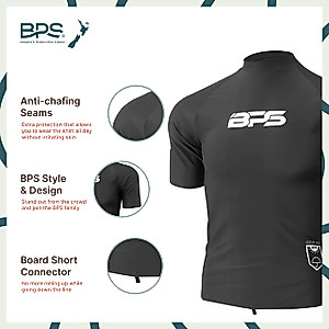 BPS Men's Short Sleeve Swim Shirt/Rash Guard with Sun Protection (Charcoal, L)