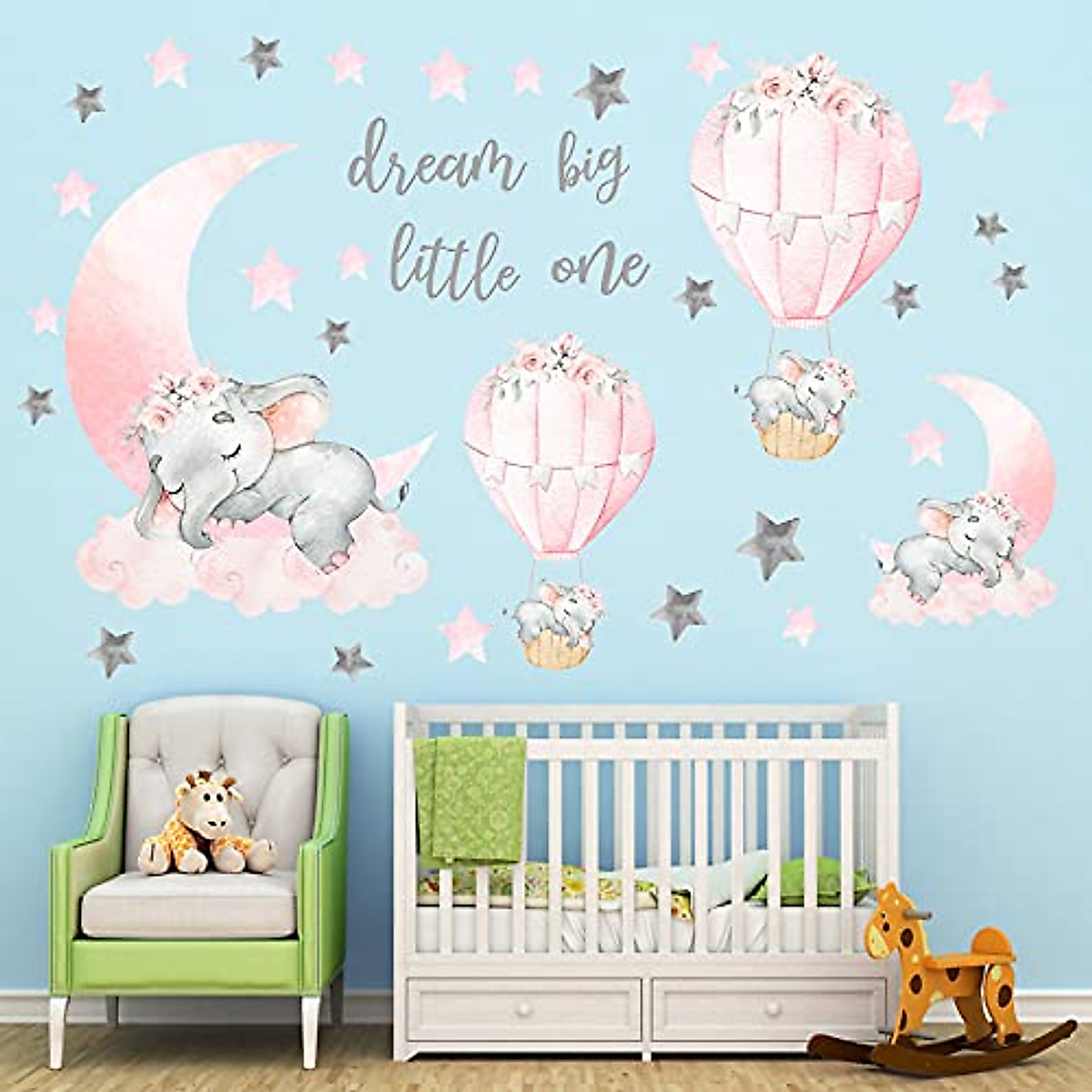 Dream Big Little One Elephant Wall Stickers, Pink Moon Hot Air Balloon Grey Stars Wall Decals for Nursery Kids Room Living Room Bedroom Decorations Home Decor