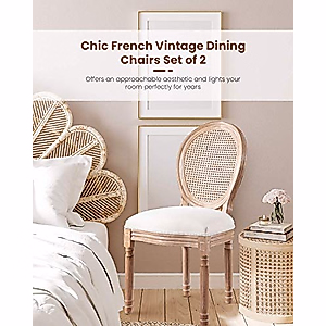 Recaceik French Country Dining Chair Set of 2, Farmhouse Dining Room Chairs with Rattan Round Back & Rubber Wood Legs Finish, Upholstered Kitchen Chairs for Dining Room/Living Room/Restaurant, Beige