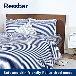 ressber Stripe Comforter Set Bedding Sets Blanket for All Season Soft and Breathable. (Full, Navy Blue)