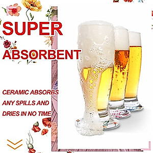 Ceramic Coasters with Holder, Sets of 6 Floral Coasters, Wildflower Ceramic Drink Coaster, Suitable for Kinds of Cups, Wooden Table Decoration, Spring Summer Home Decor, Tabletop Protection 4 Inches