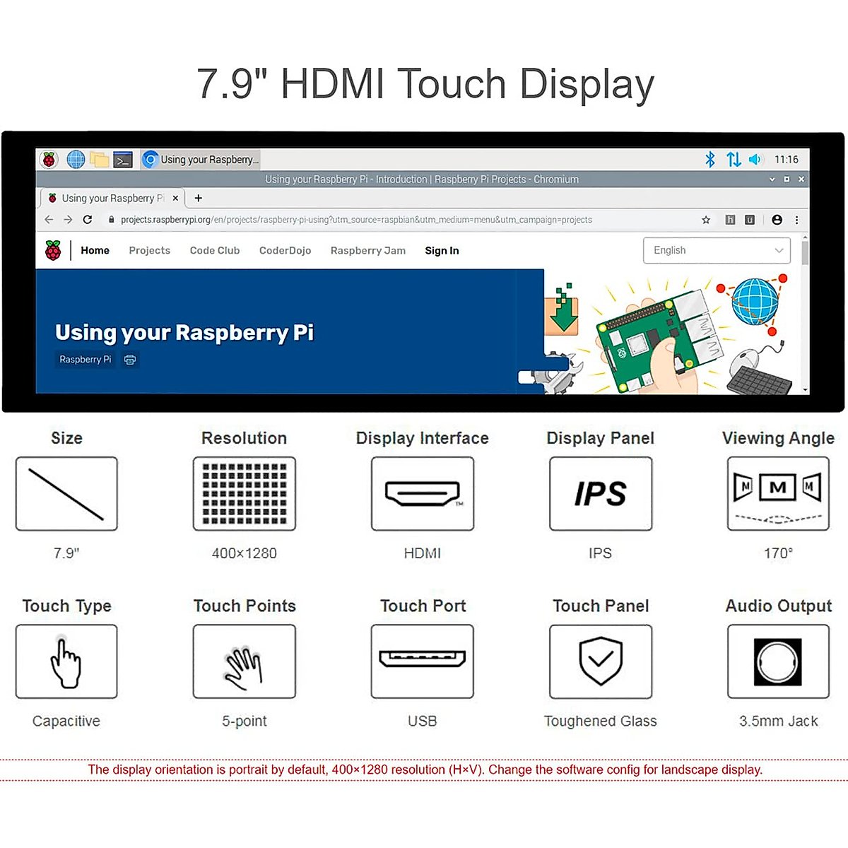 7.9inch Capacitive Touch LCD 400×1280 Pixel IPS Screen HDMI Interface 5-Points Toughened Glass Driver Free for All Raspberry Pi 4B/3B+/3B/2B/Zero/Zero W/Zero WH and Jetson Nano Windows 10/8.1/ 8/7