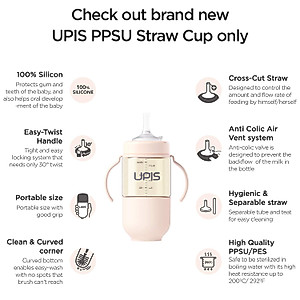 Medience UPIS Silicone PPSU Baby Sippy Cup with Straw, 8.8 oz./ 260ml (White) - Spill-Proof BPA-Free Drinking Bottle with Anti-Colic Air Vent and Handles - for Kids and Toddlers Six Months Onwards