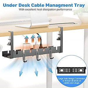 POKIPO Under Desk Cable Management Tray, Cable Management Under Desk, Retractable Under Desk Cord Organizer Wire Management No Drill Cable Tray with Clamp, Black Metal Rack Basket for Standing Desk