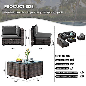 Grezone Patio Furniture Set 7 Piece Outdoor Wicker Sectional Sofa - All Weather High Backrest PE Rattan Couch Conversation Set with Cushion & Glass Top Table for Backyard Deck Porch, (grey)