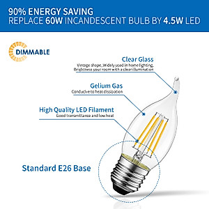 ANWIO C35/CA11 Flame Tip Chandelier Light Bulbs, LED Filament Bulb Candelabra E26 Base, Dimmable 4.5W (60W Equivalent) B11 E26 Medium Base, 2700K Warm White, 6 Pack