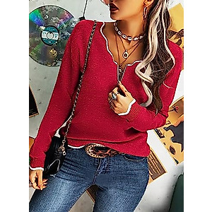 Hongqizo Women's V Neck Long Sleeve Sweater Half Zipper Knit Sweater Casual Cricket Stripe Jumper Pullover Red