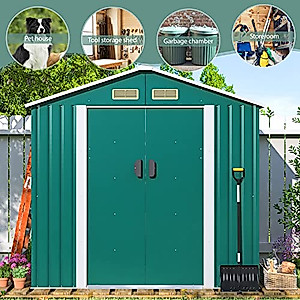 JAXPETY 4.2' x 7' Storage Outdoor Shed, Metal Shed Outdoor Storage with Lockable/Sliding Doors, Steel Utility Tool Shed with Floor Frame for Garden Patio Backyard Lawn Green