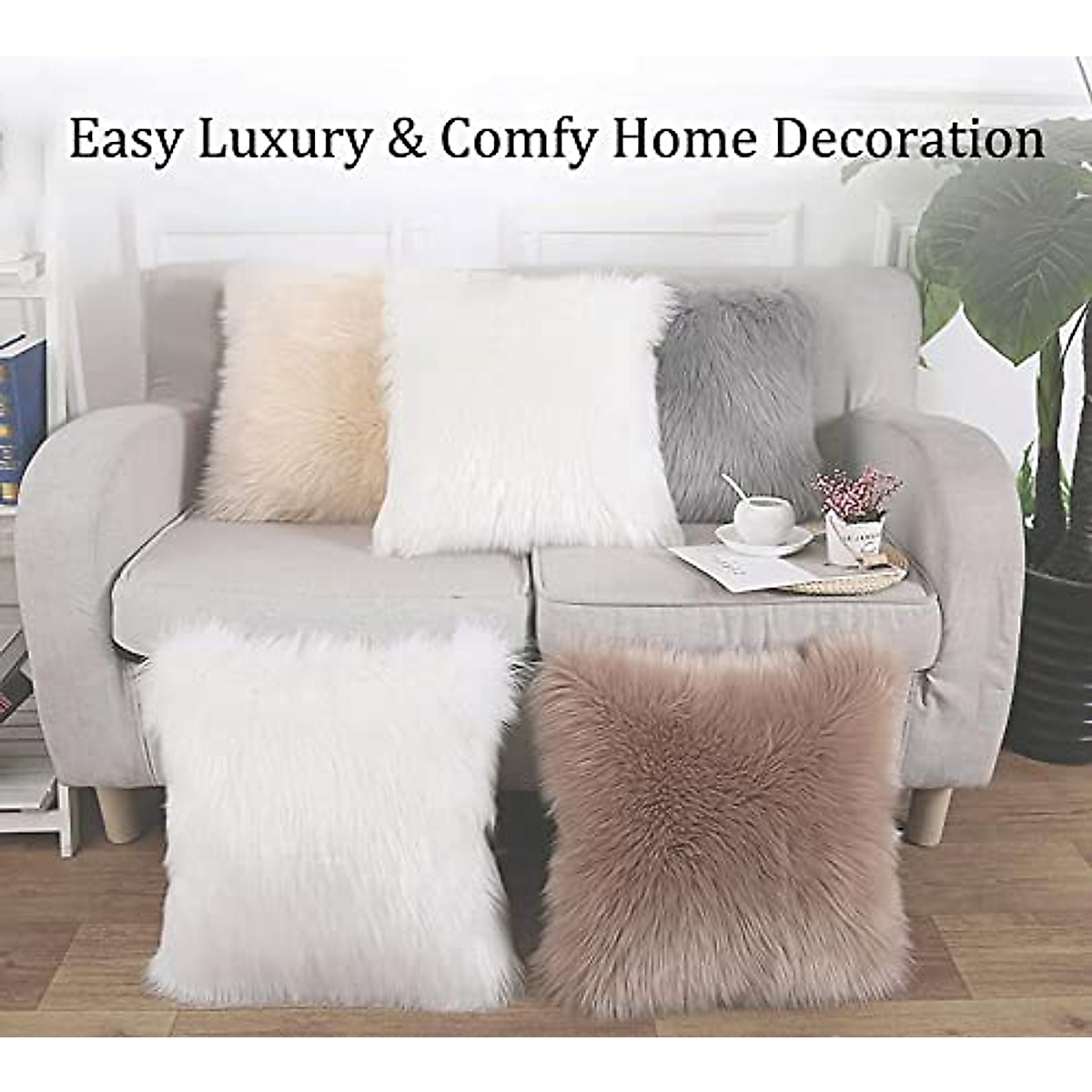 seemehappy 18" x 18" Khaki Fluffy Throw Pillow Cover with Insert Included Faux Fur Throw Pillows Decorative Fuzzy Pillows Furry Pillows Cushions for Chair Couch Bedroom